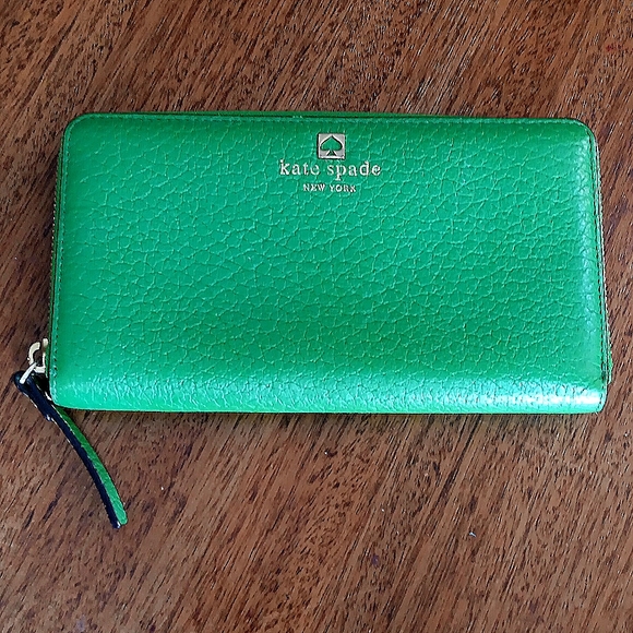 kate spade | Bags | Kate Spade Green Leather Zipper Wallet W Black And ...